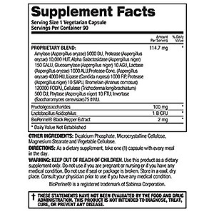 Top Secret Nutrition Digestive Enzymes with Prebiotics and Probiotics, and Bioperine for Better Digestion and Nutrient Absorption, Helps with Bloating and Gas (90 veggie caps)