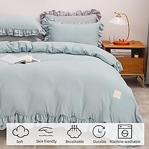 Rvciby Ruffle Duvet Cover Queen Size,Soft and Breathable Washed Microfiber Bedding Set,3 Pieces,1 Duvet Cover with Zipper Closure & Corner Ties and 2 Pillow Shams,90 X 90 Inches (Queen,Blue)