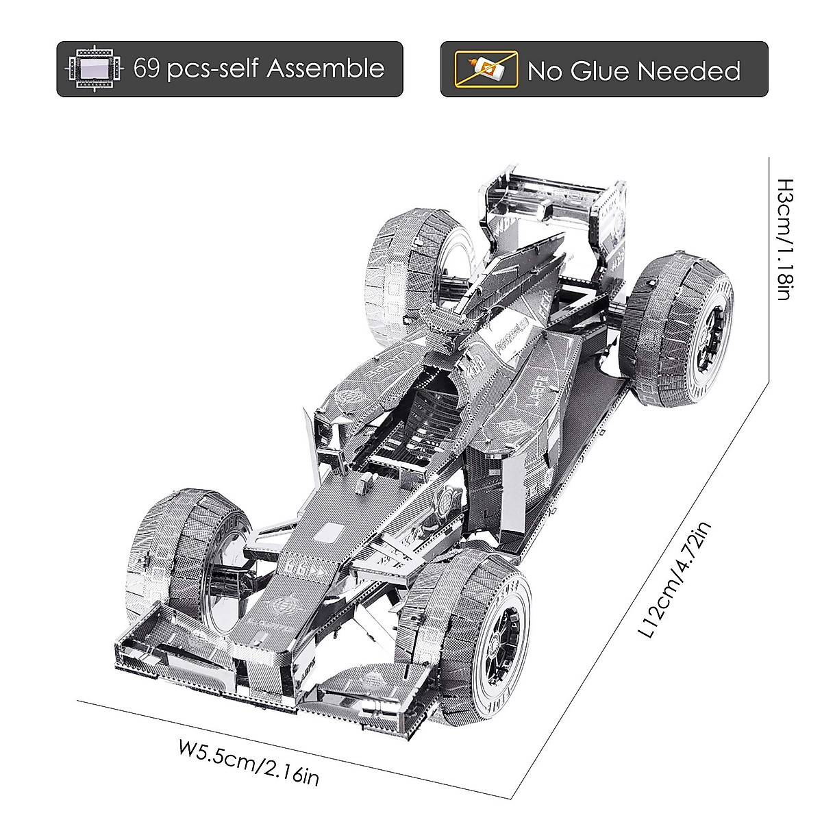 Piececool 3D Metal Puzzles, Silver Formula Car Model Kits, DIY 3D Metal Model Cars Kits to Build for Adults, Brain Teaser 3D Puzzles Toys for Teens, Great Birthday New Year Gifts, 69 Pcs