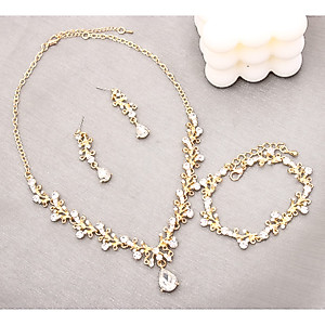 3Pcs Austrian Crystal Jewelry Set for Women, Necklace Dangle Earrings Link Bracelet with Gold/Platinum/Gun Plated, Wedding Party Bridal Bridesmaid (White-Gold Plated)