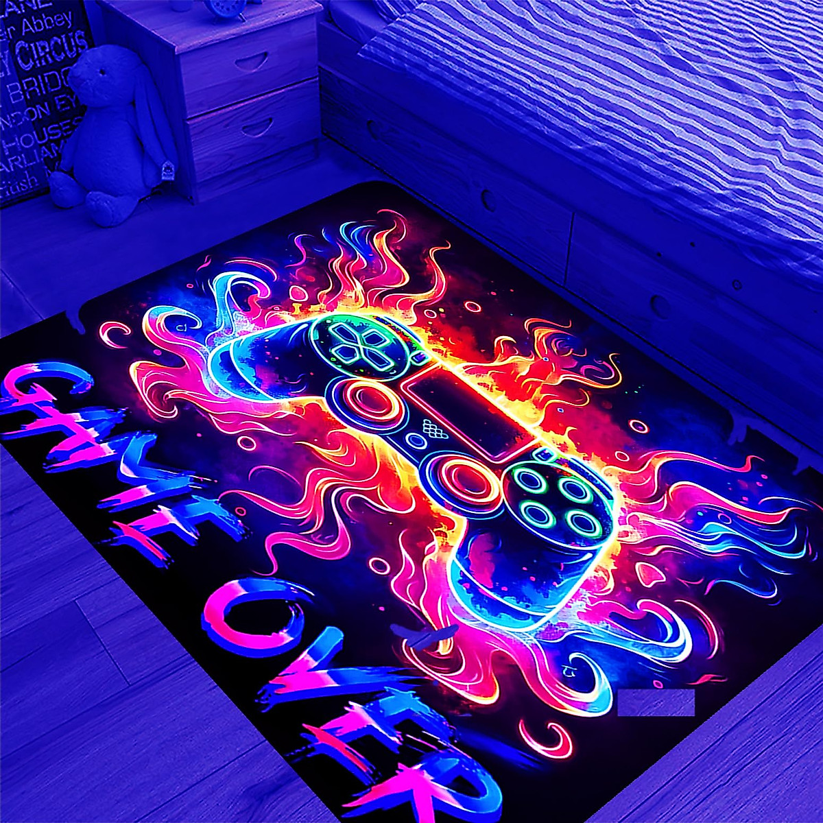 Manicer Neon Gaming Area Rug, Blacklight UV Reactive Game Controller Non-Slip Door Throw Rug Fluorescent Flannel Floor Mat Carpet, Glow in The Dark Play Mat for Bedroom, Playroom - 19.7" x 31.5"