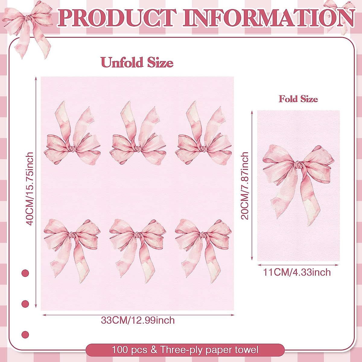 Janlaugh 100 Pack Cocktail Bow Napkins Disposable Folded Bow Party Supplies Birthday Bridal Shower Bachelorette Bow Paper Towel Bathroom Disposable Towel for Birthday Engagement Decor