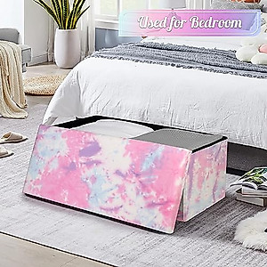 STORAGEPLUS 30 Inches Large Storage Ottoman Bench for Bedroom, Soft Cotton Fabric Tie Dye Foot Rest Stool with Premium Sponge Padded, Folding Ottoman Coffee Table with Storage for Living Room
