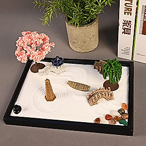 Yoquare Mini Zen Garden Kit - 10" x 7" Upgraded Zen Garden for Desk with 18 Accessories Sand Garden Decoration Included Sand Tray,Zen Garden Rake,Trees,Pagoda,Bridge,Pavilion,Boat Zen Gifts Women