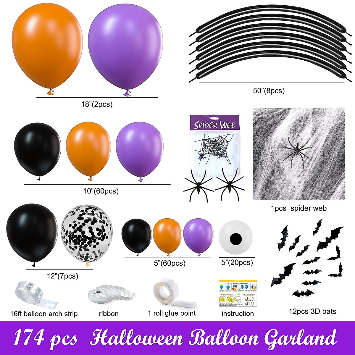 Halloween Balloon Garland Arch Kit, 6.6 X 6.6 ft Halloween Tinsel Foil Fringe Curtain, Halloween Decorations Party Supplies, Spider Balloon, Halloween 3D Bat Sticker, Halloween Party Photo Backdrop