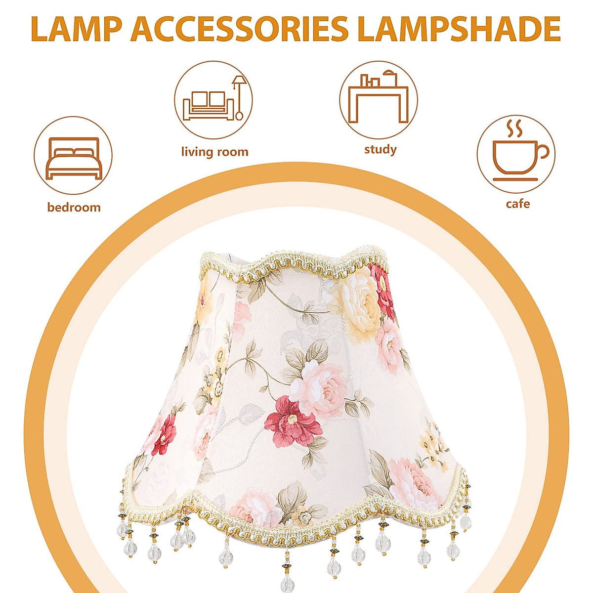 Yardwe Vintage European Lampshade with Flower Pattern Vintage Cloth Art Fringe Bead Lampshade with Tassel Fabric Dome Lamp Shade for Living Room Bedroom E27