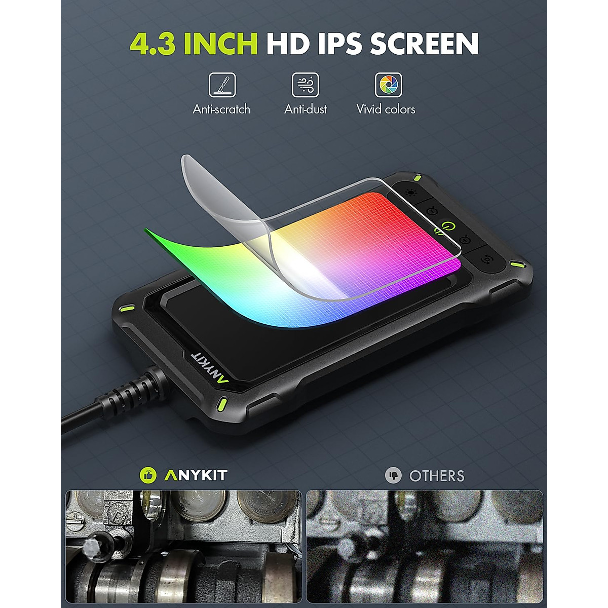 Borescope Inspection Camera with Light, Industrial Endoscope Camera with 4.3” HD Screen, Waterproof Digital Snake Camera, 16.4FT Semi-Rigid Cable Bore Scope for Home Pipe, Engine, Inside Wall, Duct