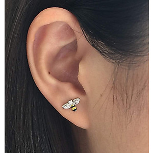 CZ Bee Daisy Flower Asymmetric Sterling Silver Tiny Small Stud Earrings for Women Cartilage Tragus Sensitive Ear Fashion Animal Cute Mini Piercing Post Hypoallergenic Gifts Daughter