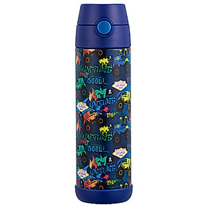Snug Kids Water Bottle - insulated stainless steel thermos with straw (Girls/Boys) - Monster Trucks, 17oz