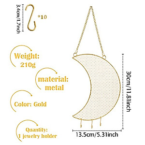 Rolin Roly Earring Wall Holder Wall Mounted Jewelry Rack Hanging Earring Organizer with3 Hooks Moon Shaped for Display Grid Golden Bracelet Necklace Ring