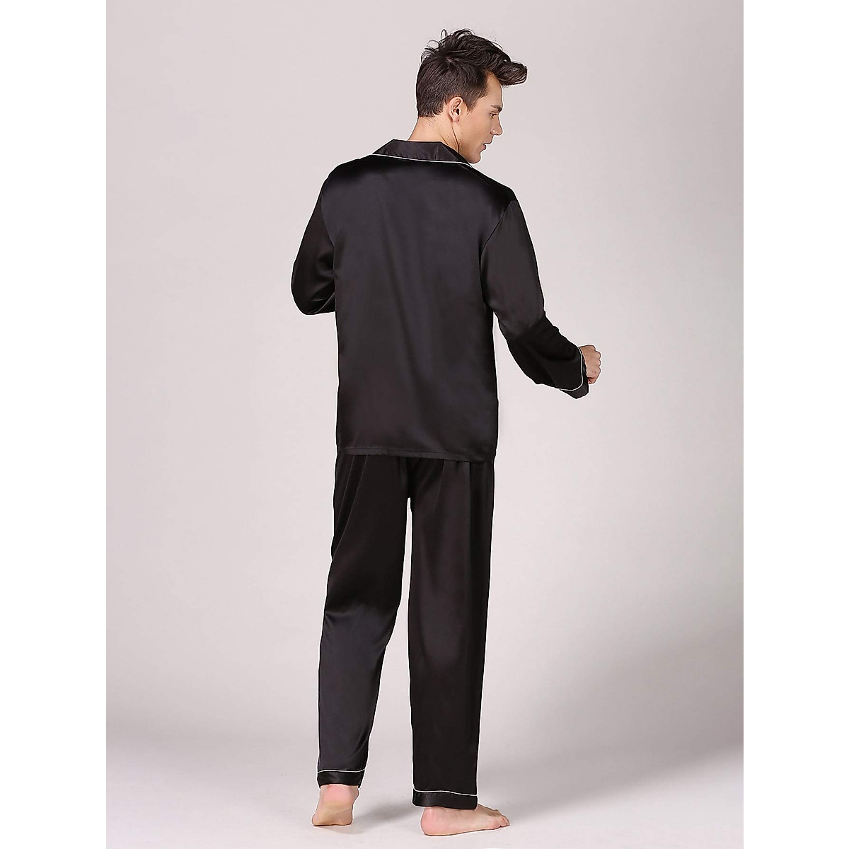 OYOANGLE Men's Long Sleeve Satin Pajama Set Button up Shirt and Pants Loungewear Sleepwear Black L