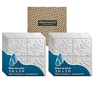 Genesis 2ft x 2ft White Antique Ceiling Tiles - Easy Drop-in Installation – Waterproof, Washable and Fire-Rated - High-Grade PVC to Prevent Breakage - Package of 12 Tiles