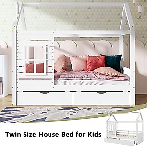 Aoowow Twin Size Kids House Bed with 2 Drawers, Wooden Platform Twin Bed Frame with Window and Roof for Bedroom, Modern Twin Size Kid Playhouse Bed with Slats for Boys Girls, Can be Decorated, White