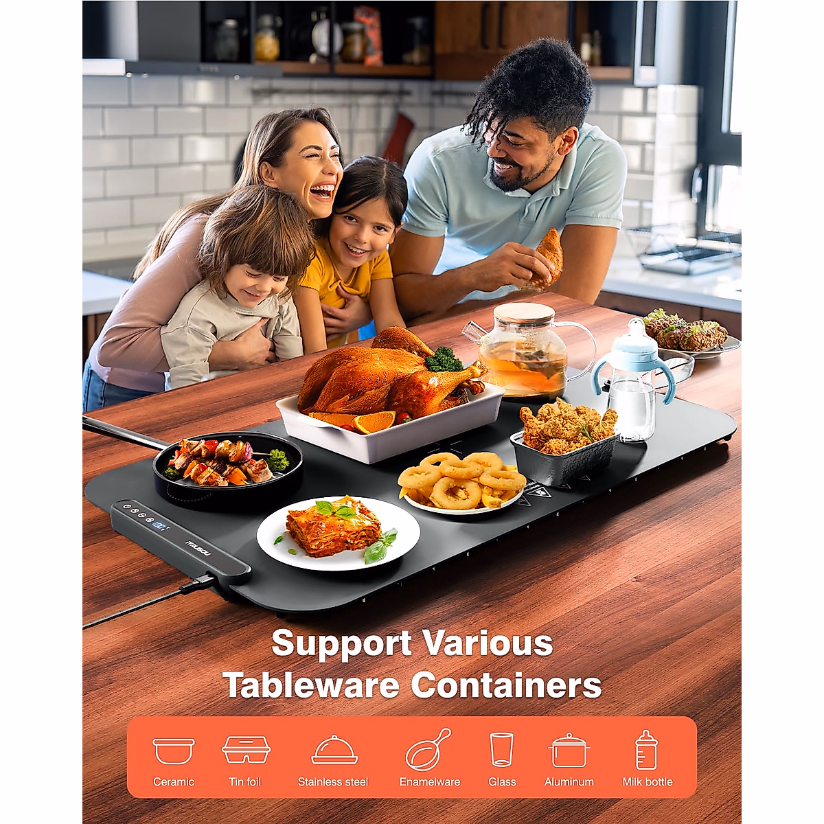 Electric Warming Tray, iTRUSOU Silicone Warming Mat for Food with 7 Temp-Settings, 1-8Hr Auto Shut-Off, Switchable Fahrenheit/Celsius, Upgrade Strap Keep Food Warm at Buffet, Party, Sabbath, Daily Use