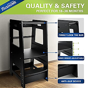 ACEHOME Toddler Kitchen Stool, Toddler Tower with Safety Rail, Toddler Stool for Kitchen Counter, Adjustable Height Little Helper Tower, Kitchen Stool for Toddlers 18 Months and Older, Black