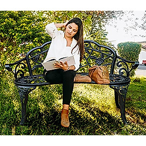 Outrora Garden Bench, Metal Park Bench Cast-Aluminum Outdoor Benches Front Porch Outdoor Furniture with Floral Rose for Patio, Park, Lawn, Yard（Copper）