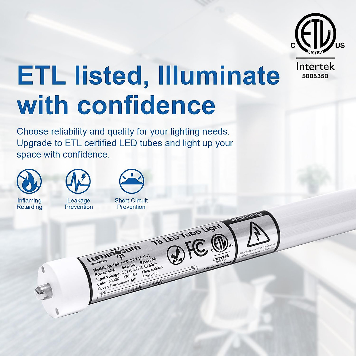 LUMINOSUM, T8 LED Tube Light 8 Feet 40W, Single Pin FA8 Base, Clear Cover, Cool White 6000k, Fluorescent Tube Replacement, ETL Certified, 20-Pack