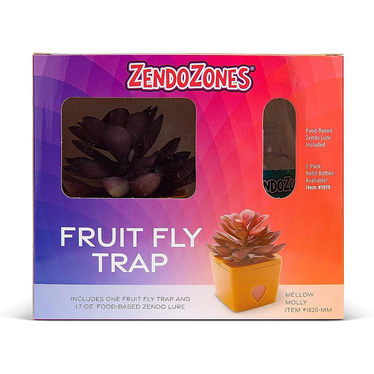 ZendoZones Fruit Fly Trap with Zendo Lure, Joyful Janet with Plastic Terra Cotta Colored Base, Refillable and Reusable