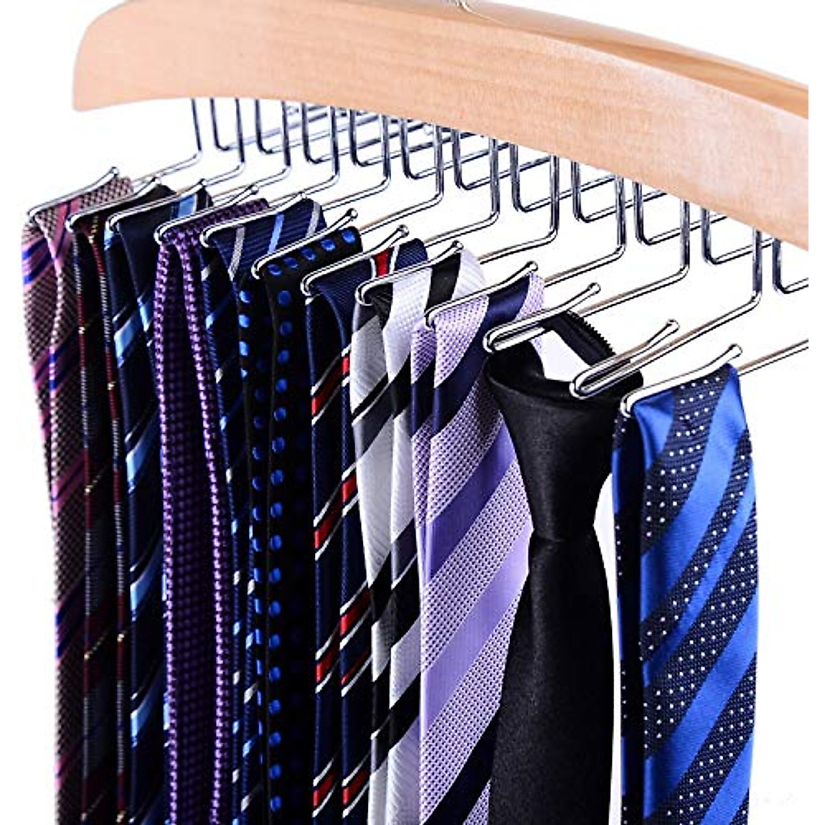 Tie Rack Hanger for Closet, Ohuhu Wooden Tie Organizer 360 Degree Rotating Tie Holder with 24 Folding Hooks, Tie and Belt Storage for Men Neckties Belts Scarves Tank Tops Accessories, 2 Pack