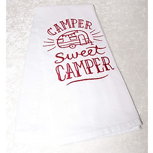 RV Camping Decor - Embroidered Flour Sack Towel - Red on White - Camper Sweet Camper - Handmade by Green Acorn Kitchen