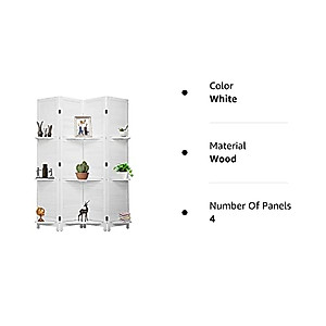 4 Panel Room Divider Folding Privacy Wooden Screen with Three Clever Shelf Portable Partition Screen Screen Wood for Home Office (White)