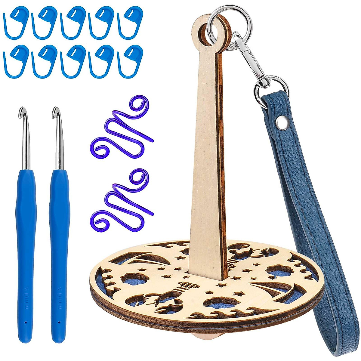 FWUNYVN Portable Wrist Yarn Holder Set,Yarn Holder Spinner with Crochet Hook,Finger hook,Marker hook,Crochet Yarn Holder with Leather Wristband,Yarn Ball Holder Wooden Yarn Holder for Craft Lover-Blue