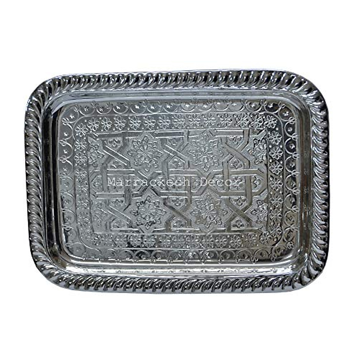 16 Inch Rectangular Moroccan Handmade Serving Tea Tray Silver Plated Brass Handcrafted Plate in Fez Morocco