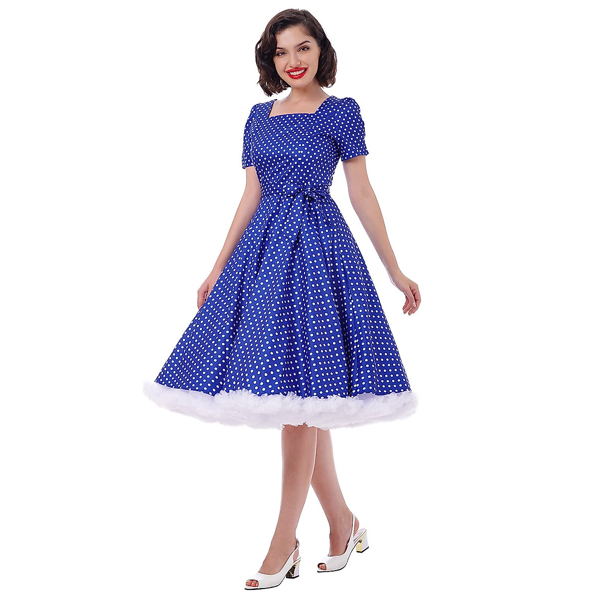 Women Vintage 50s 1950s Dress Square Neck A-line Polka Dot Rockabilly Swing Evening Party Cocktail Dresses Blue M