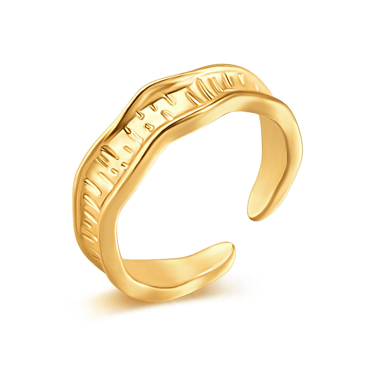 Aobei Pearl 18K Gold Plated Irregular Wave Open Ring for Women Minimalist Band Ring Adjustable Knuckle Finger Jewelry