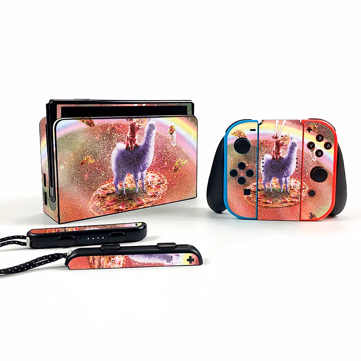 MightySkins Glossy Glitter Skin Compatible with Nintendo Switch OLED - Cat Llama Pizza | Protective, Durable Textured Glossy Glitter Finish | Easy to Apply | Made in The USA
