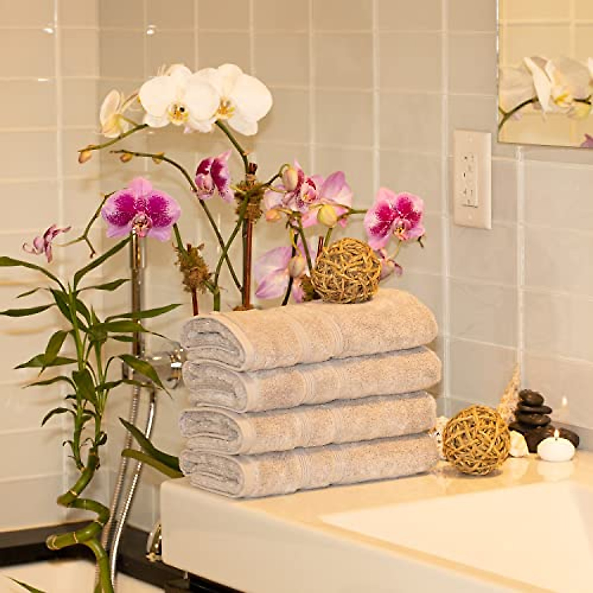 Mosobam 700 GSM Hotel Luxury Bamboo Viscose-Cotton, Hand Towels 16X30, Set of 4, Light Grey, Turkish Hand Towels, Gray