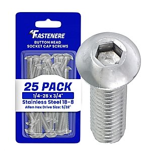 Fastenere Button Head Socket Cap Screws - 1/4-28 x 3/4" (25 Pack) Stainless Steel 18-8, Full Thread, Bright Plain Finish, Corrosion-Resistant, Machine Thread, Easy to Install w/Allen Socket Drive