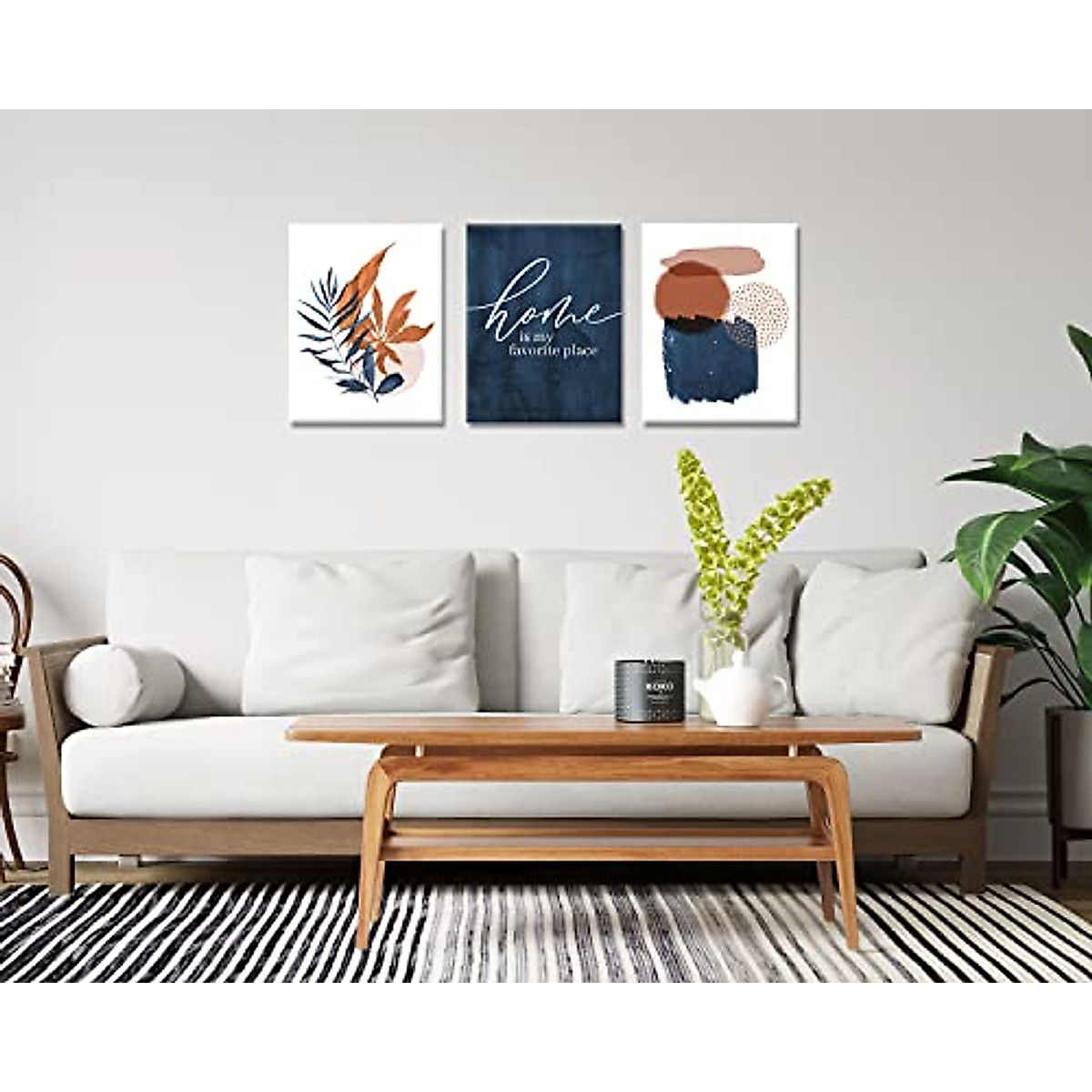 Pigort Framed Blue Canvas Wall Art Set Abstract Botanical Tropical Plants Picture Wall Decor for Living Room Bedroom Bathroom Office (11'' x 14'' x 3 Panel)