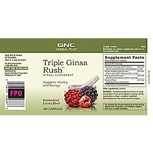 GNC Herbal Plus Triple Ginsa Rush, 100 Capsules, Supports Vitality and Energy