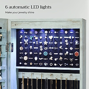 SONGMICS 6 LEDs Mirror Jewelry Cabinet, 47.2-Inch Tall Lockable Wall or Door Mounted Jewelry Armoire Organizer with Mirror, 2 Drawers, 3.9 x 14.6 x 47.2 Inches, Rustic Green UJJC93UJ