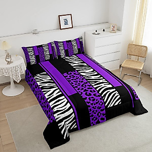 Feelyou Leopard Zebra Comforter Set King Size Kids Cheetah Purple White Black Comforter for Boys Teens Animal Print Bedding Set Safari Duvet Set Geometry Room Decor Quilt Boys