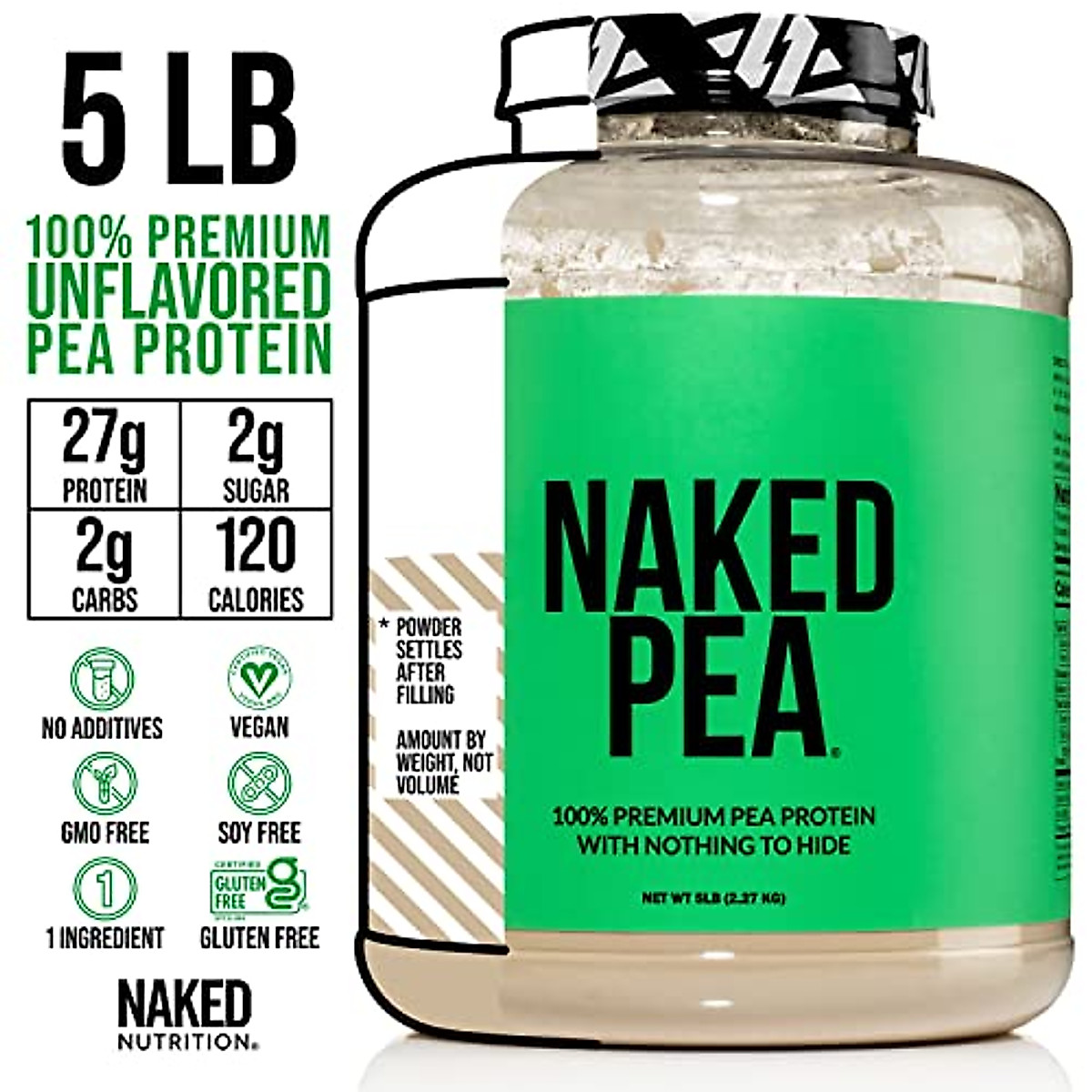 NAKED nutrition 5LB 100% Pea Protein Powder from North American Farms - Vegan Pea Protein Isolate - Plant Protein Powder, Easy to Digest - Speeds Muscle Recovery
