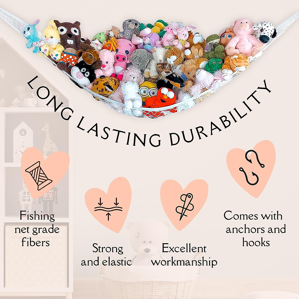 Lilly's Love Large Stuffed Animal Net Hammock for Plushie Toys | Corner Hanging Organizer for your Teddy and Stuffy Collection | Easy to Hang w/Included Anchors & Hooks - Light Blue