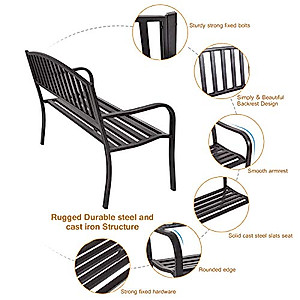 Giantex Outdoor Bench, 50” Patio Garden Bench with Steel Frame, Slat Design, 500 Lbs Weight Capacity, Patio Seating Bench for Porch, Backyard, Poolside, Outside Decor Furniture, Park Loveseat, Black
