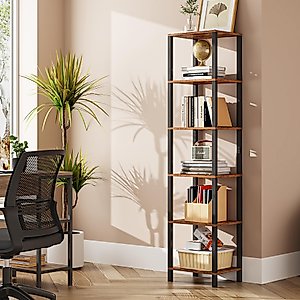 TUTOTAK Bookshelf, 6-Tier Tall Book Shelf, Narrow Bookcase for Small Space, DIY Stackable Bookshelf, for Living Room, Office, Study, Entryway, Industrial, Rustic Brown BS01BB006