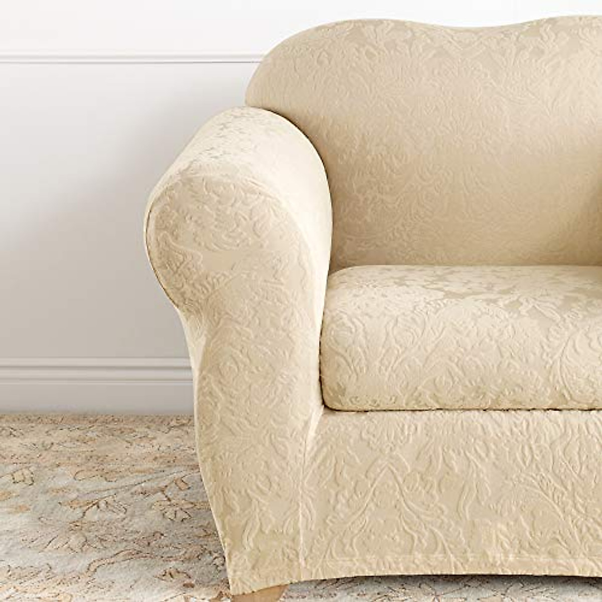 Surefit Stretch Jacquard Damask Box Cushion Chair Two Piece Slipcover, Form Fit, Polyester/Spandex, Machine Washable, Oyster