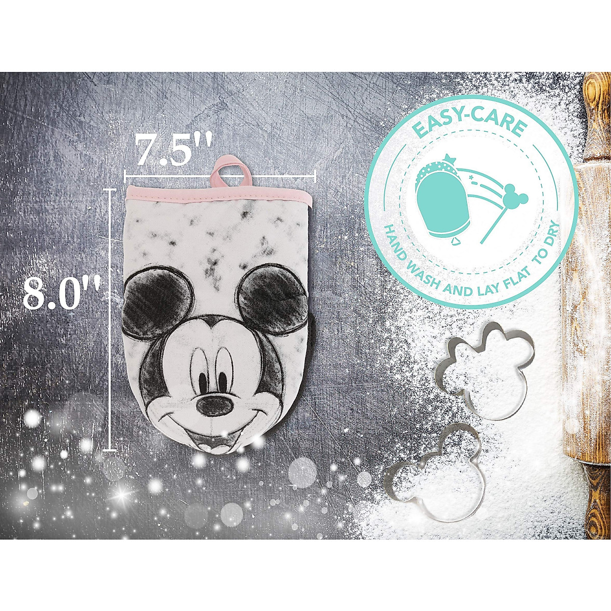 Disney Kitchen Neoprene Mini Oven Mitts, 2pk-Heat Resistant Oven Gloves with Insulation Ideal for Handling Hot Kitchenware-Non-Slip Grip, Hanging Loop, 5.5 x 7 Inches - Mickey and Minnie Sketch Pink