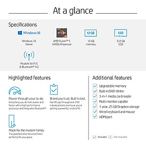 HP Pavilion Desktop Computer, AMD Ryzen 5 3400G, 12GB RAM, 512 GB SSD, Windows 10 (TP01-0040, Silver)