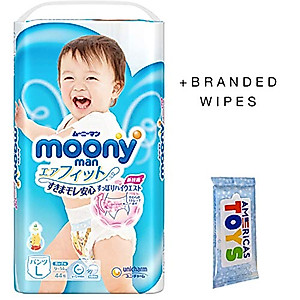Baby Pull Up Pants Size Large (20-31 lbs) Boys 44 Counts – Moony Pants Bundle with Americas Toys Wipes – Japanese Diapers Safe Materials, Indicator Prevents Leakage, Soft for Tummy Packaging May Vary