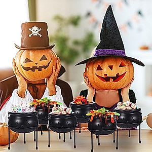 Jenaai 6 Pcs Halloween Witch Cauldron Plastic Black Candy Serving Bowl on Stand, Black Witch Cauldron Candy Holder for Home Indoor Outdoor Kitchen Halloween Party Decorations