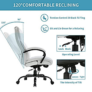 LCH Big &amp; Tall Office Chair 500lbs PU Leather Ergonomic Computer Chair, Home Desk Chair Wide Seat Executive Chair with Massage Lumbar Support &amp; Soft Arms for Heavy People (White)