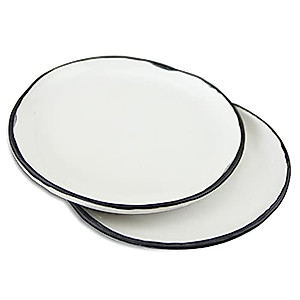 roro Hand-Molded Glossy Ceramic Stoneware White Tabletop Appetizer Plates with Hand-Drawn Black Border, Set of 2