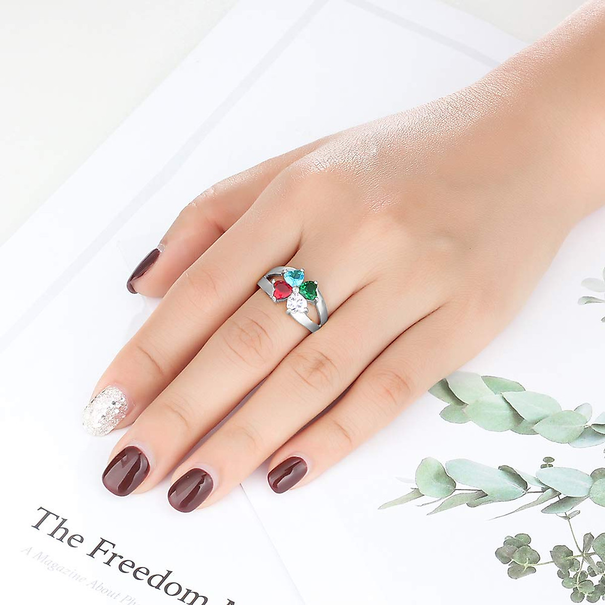 GLAMCARAT Personalized Sterling Silver Mothers Rings with 4 Birthstones Engraved Mom gift Anniversary Promise Rings fine jewelry for Women (sterling-silver)