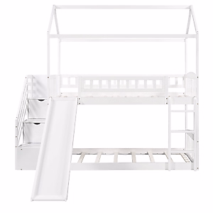 Twin Over Twin Bunk Bed for Kids Toddlers, House Bunk Bed Farm with Storage Steps and Slide Ladder Roof Guardrail for Girls/Boys, No Spring Box Required (White--Wood)