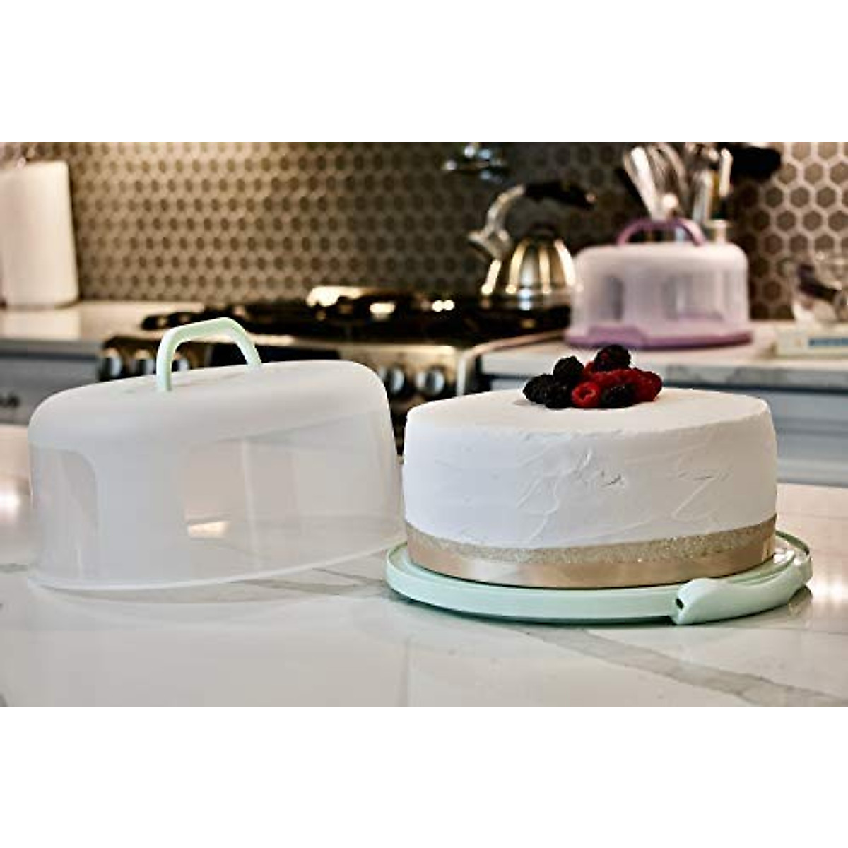 Top Shelf Elements Round Cake Carrier Two Sided Cake Holder Serves as Five Section Serving Tray, Portable Cake Stand Fits 10 inch Cake, Cake Box Comes With Handle, Cake Container Holds Pies (Green)